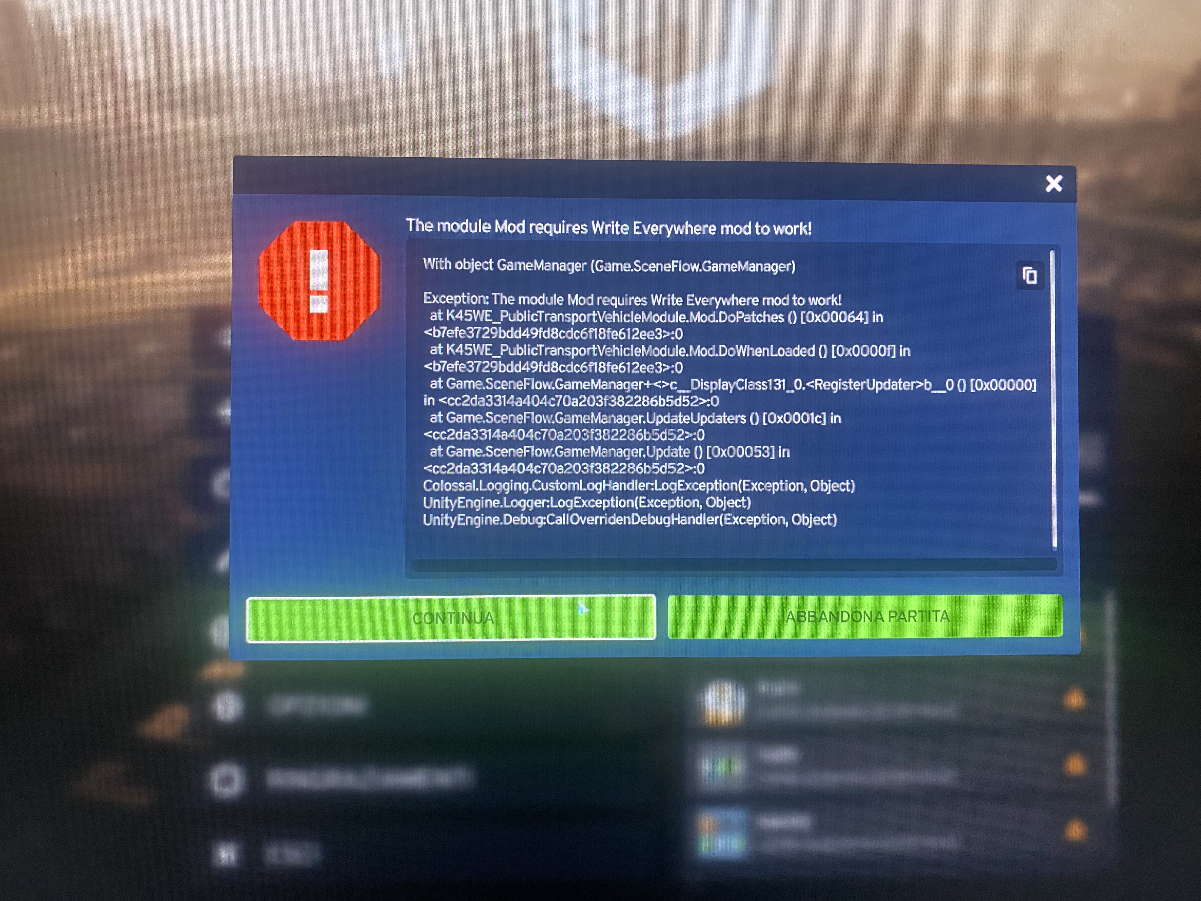 I can't play due to a file erro/bug with the mod modules. in the main menu an error tab appears ...
